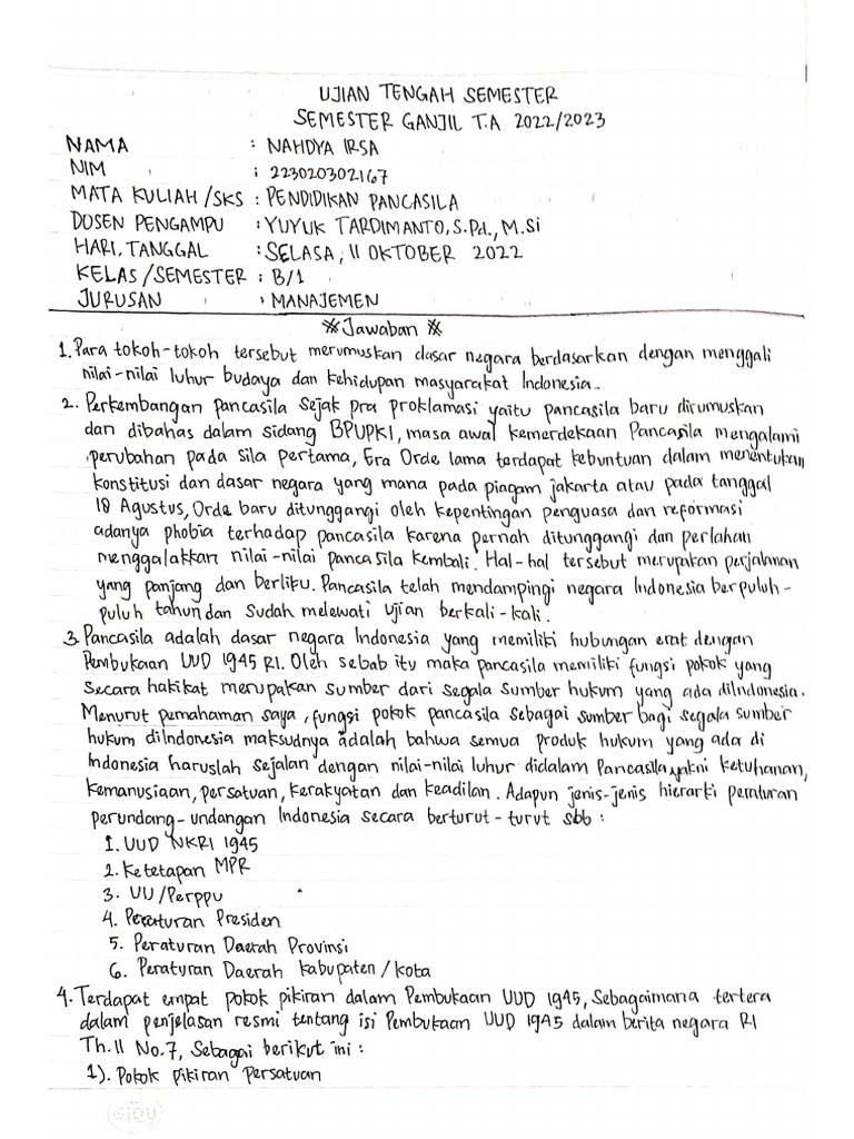 Nahdya Irsa (Uts Pendidikan Pancasila) | PDF