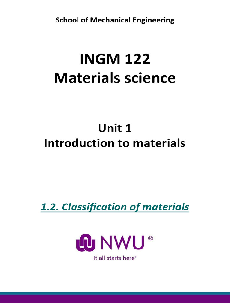 INGM 122 Materials Science: Unit 1 Introduction To Materials | PDF