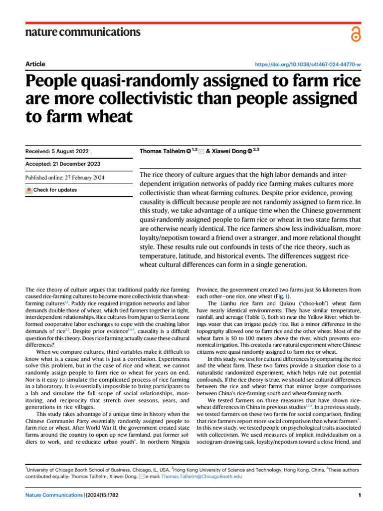 People Quasi Randomly Assigned To Farm Rice Are More Collectivistic ...