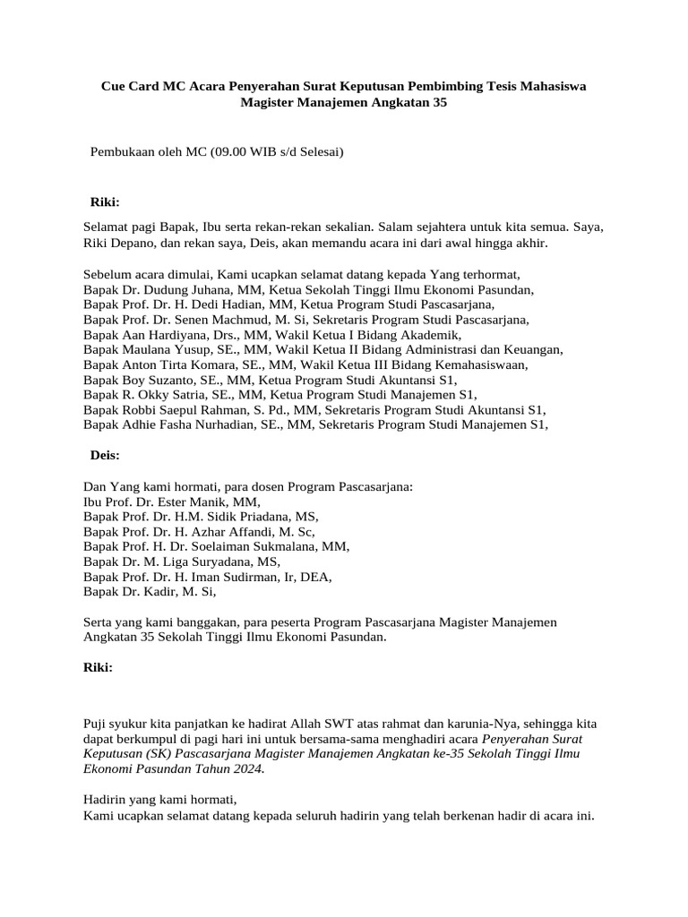 Konsep MC Acara Penyerahan SK S2 MM 35 | PDF