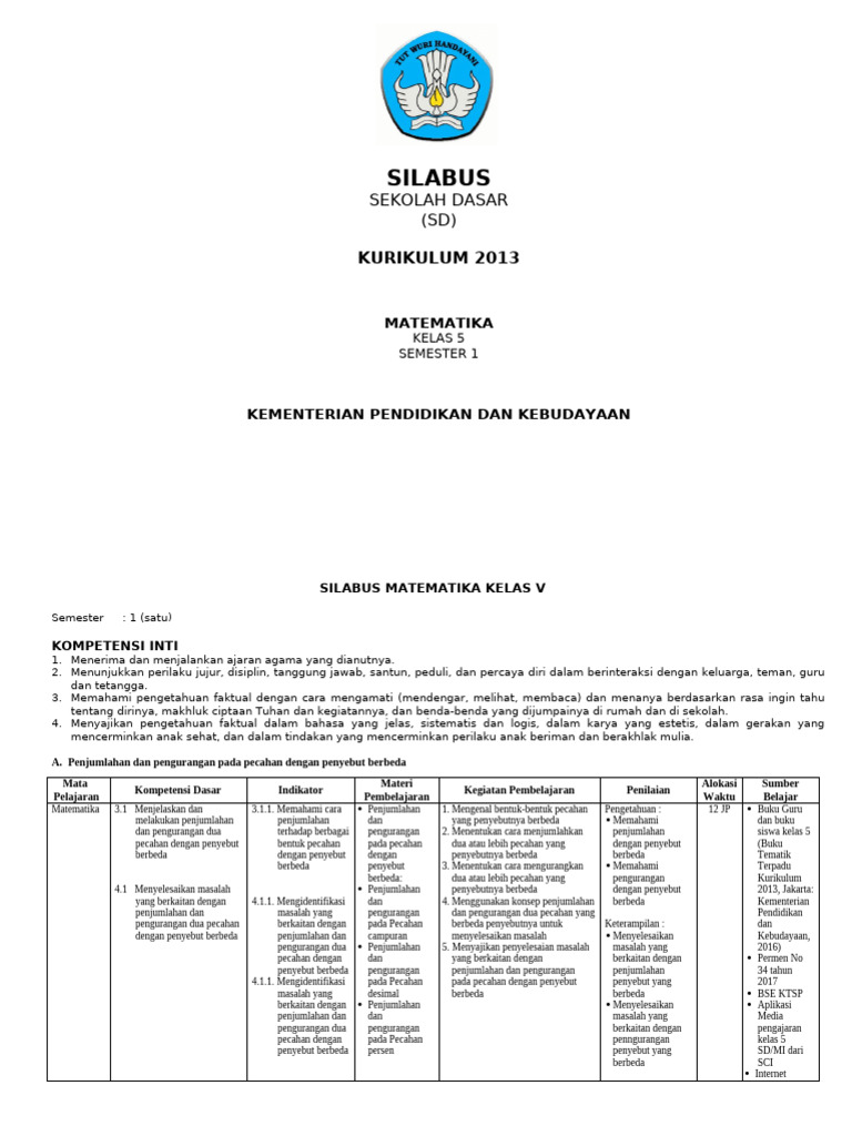 Silabus Matematika 5a | PDF