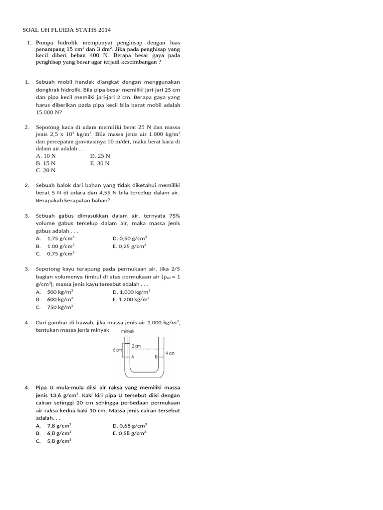 SOAL UH FLUIDA STATIS 2014 | PDF