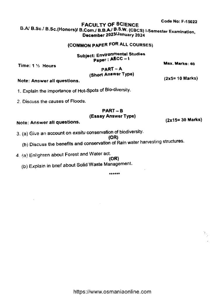 Ba BSC Bcom Bba BSW 1 Sem Environmental Studies F 15022 Jan 2024 | PDF