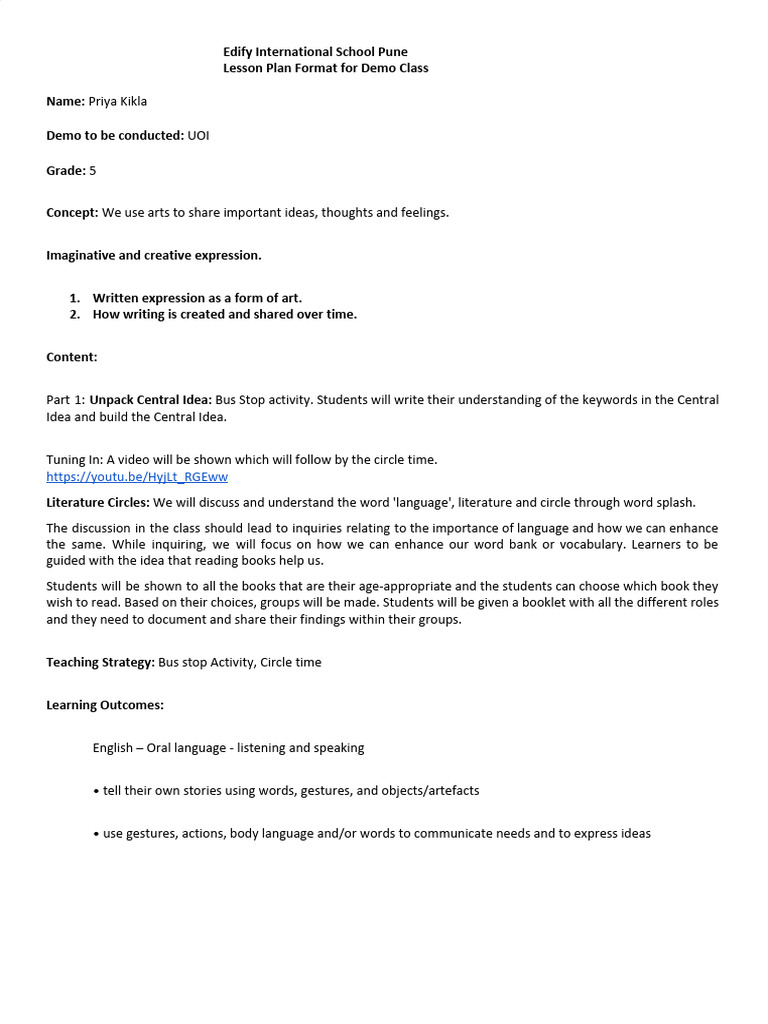 Lesson Plan - Demo Format-UOI | PDF