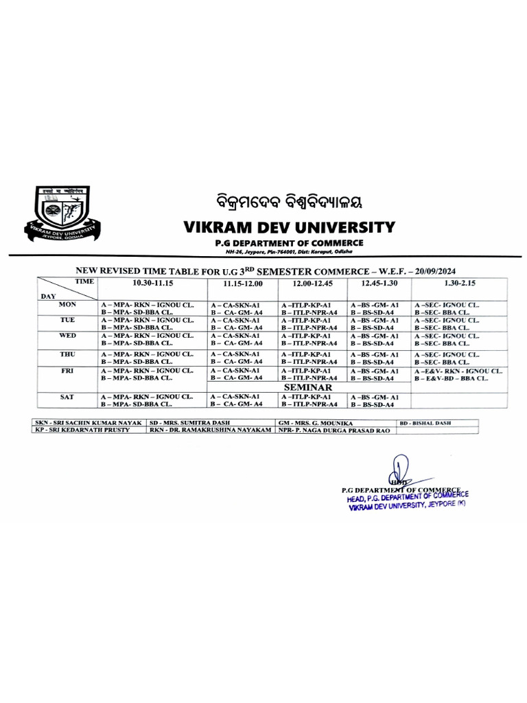 New Revised Time Table For U.G 3rd Semester Commerce For The Academic ...