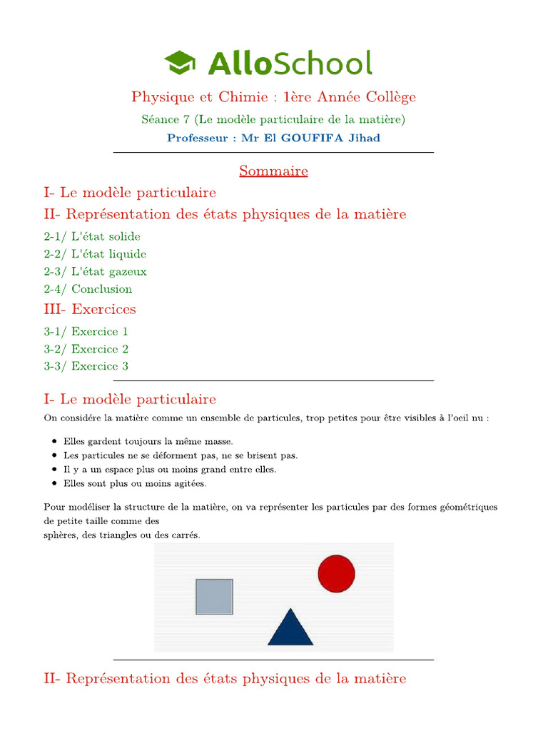 Seance 7 Le Modele Particulaire de La Matiere | PDF