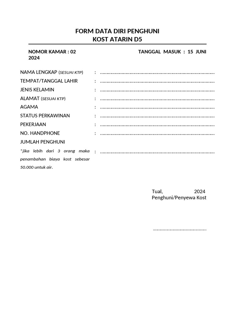 Contoh Form Data Diri Penghuni Kost | PDF