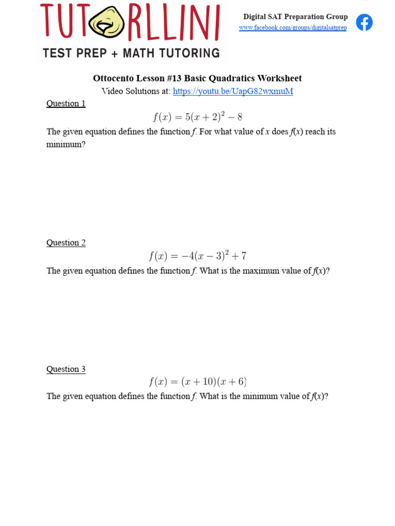 Ottocento Lesson #13 Basic Quadratics Worksheet | PDF