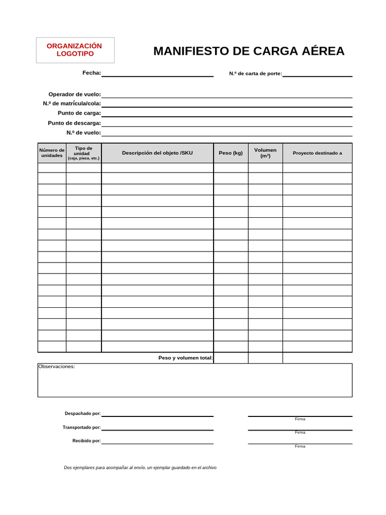 PLANTILLA - Manifiesto de Carga (Vuelos) | PDF