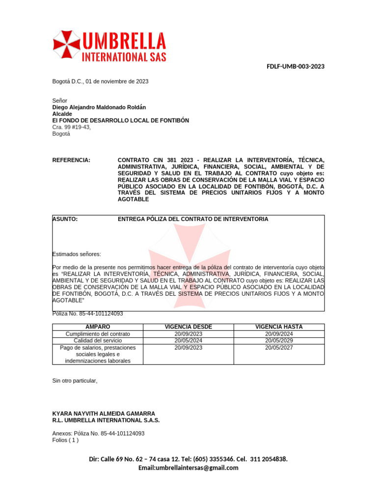 oficio 003_ENTREGA PÓLIZA DEL CONTRATO DE INTERVENTORIA | PDF