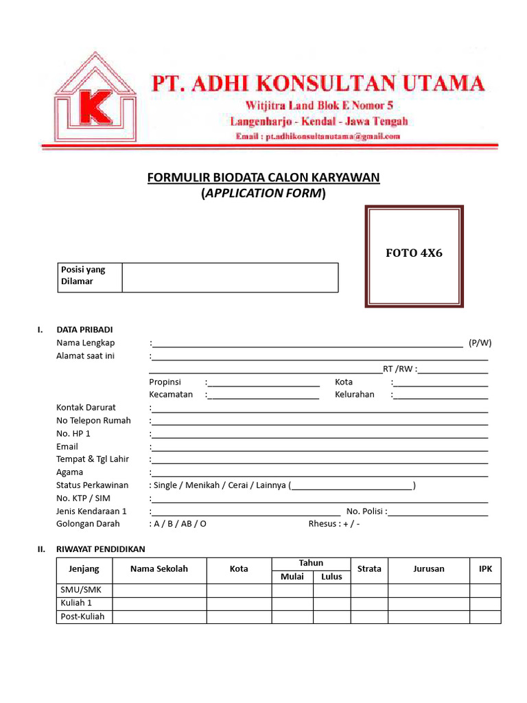 Formulir Biodata Calon Karyawan Pt. Adhi Konsultan Utama Kop | PDF