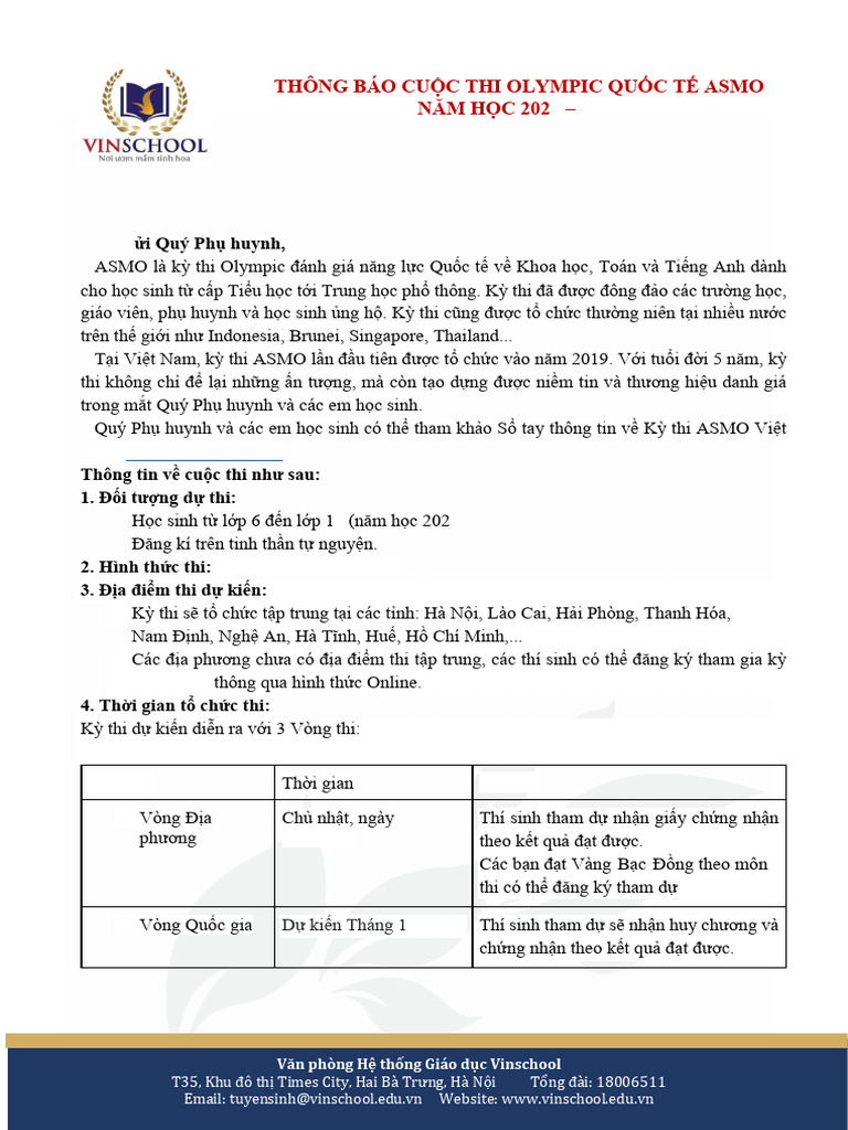 Thông Báo Cuộc Thi Olympic Asmo 2024 | PDF