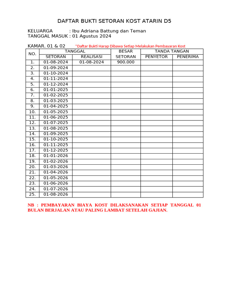 Contoh Format Bukti Setoran Kamar Kost | PDF