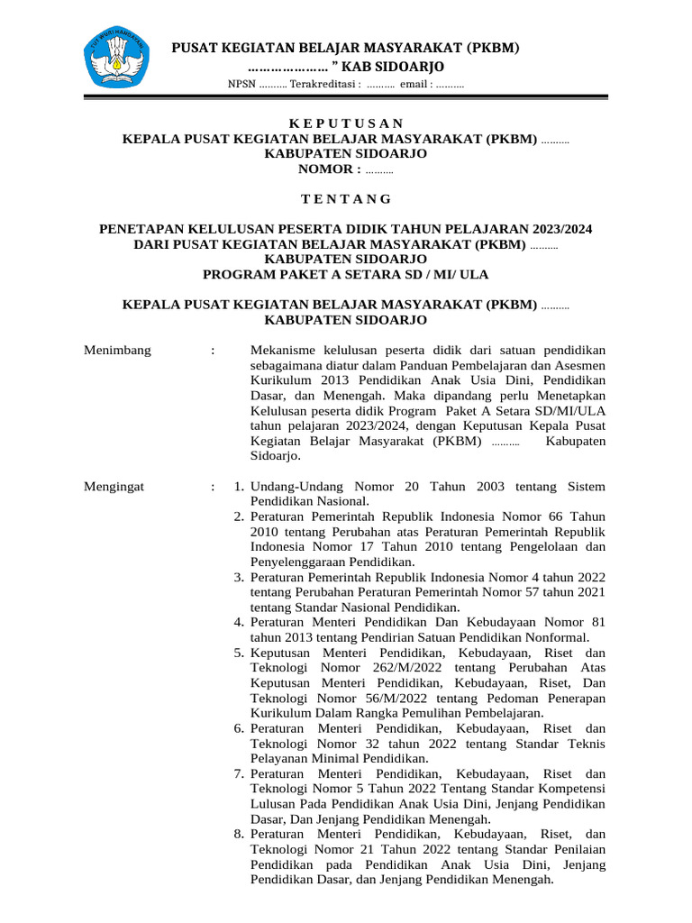 Contoh SK Kelulusan Paket A Tahun 2024 | PDF