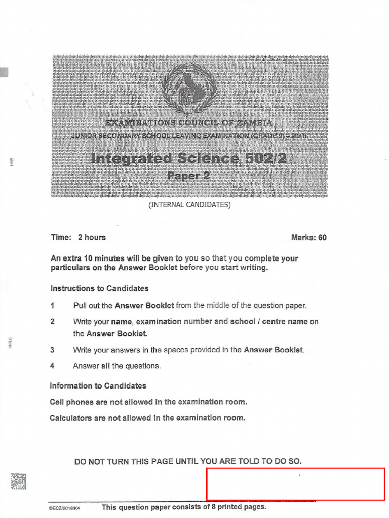 ECZ 2018 Grade 9 Integrated Science Paper 2 | PDF