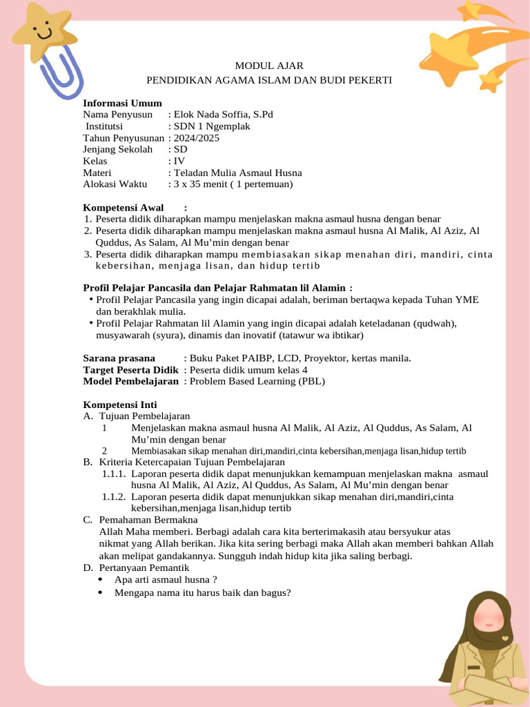 Modul Ajar Asmaul Husna KLS 4 PBL | PDF