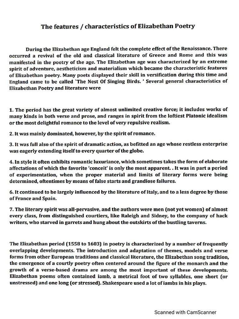 Features of Elizabethan Poetry in English Literature | PDF