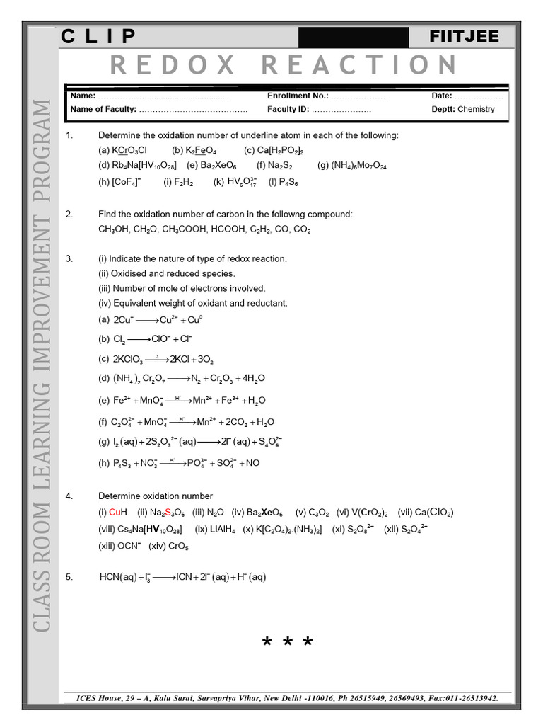 Redox Reaction, Balancing, Quiz, Basic Concept, Stoichiometry | PDF