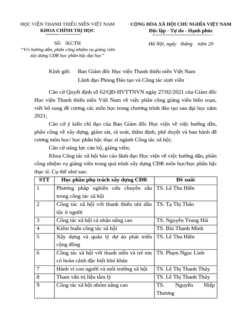 Mẫu 10. Van ban de xuat phan cong ca nhan xay dung dieu chinh CĐR | PDF