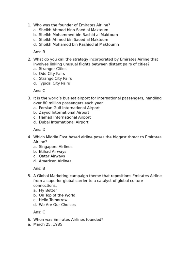 Emirates Airline Quiz | PDF