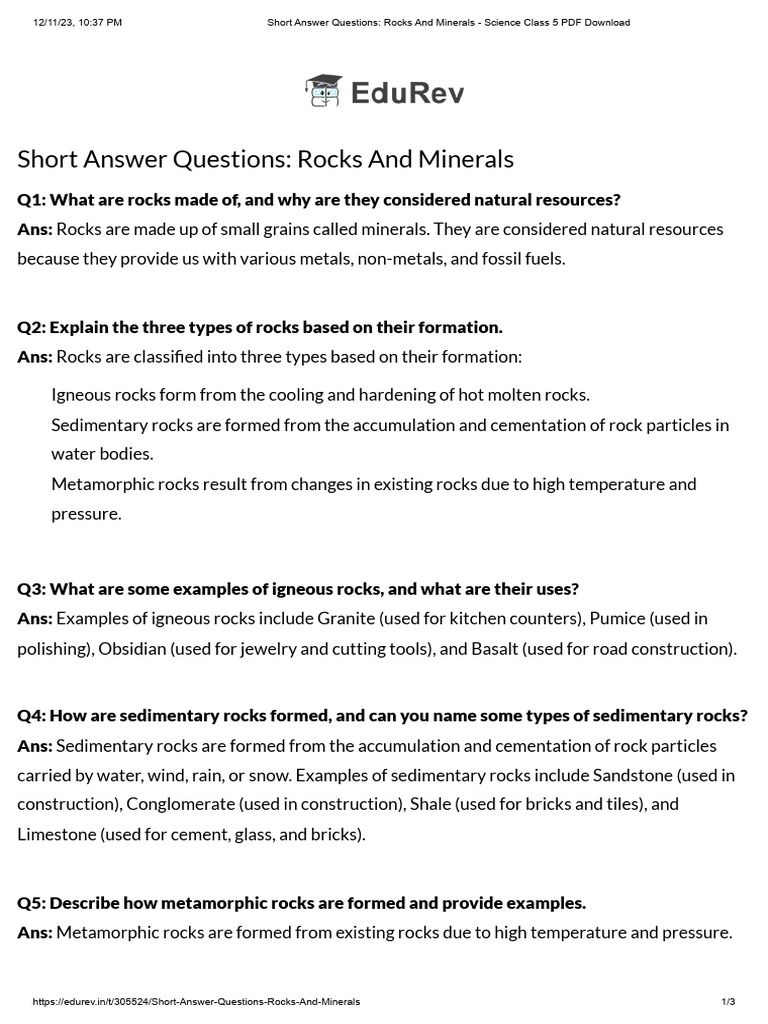 Short Answer Questions - Rocks and Minerals - Science Class 5 PDF ...