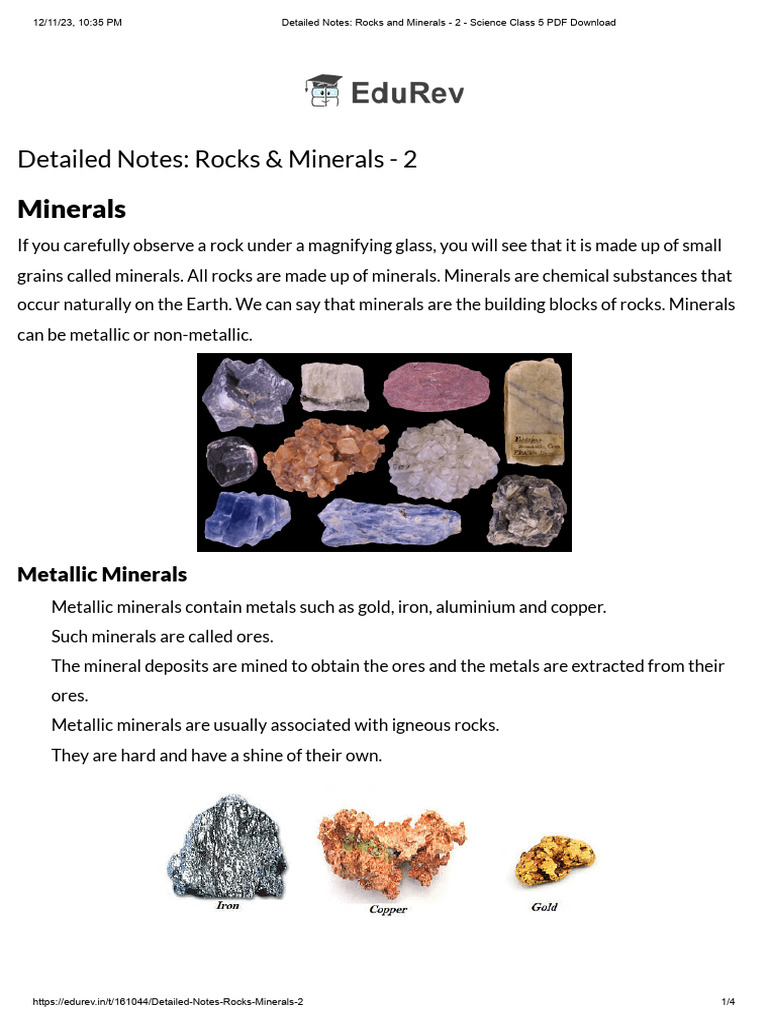 Detailed Notes - Rocks and Minerals - 2 - Science Class 5 PDF Download ...