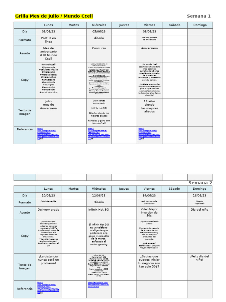 Grilla Mes de Julio - Mundo Ccell | PDF