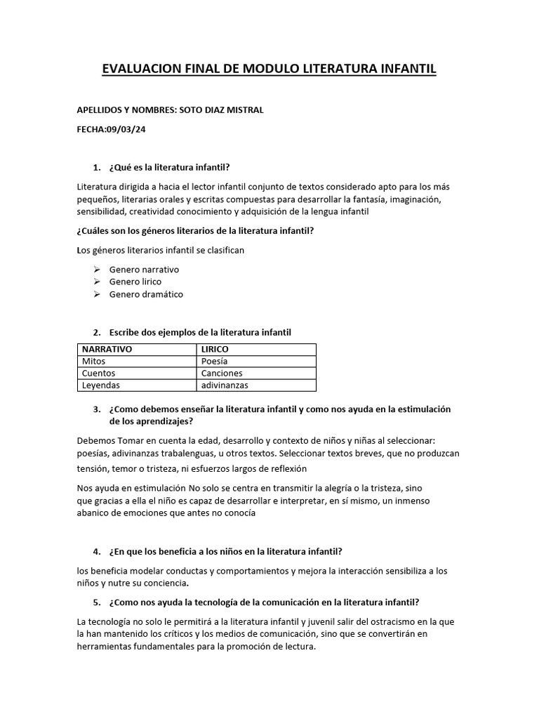 Evaluacion Final de Modulo Literatura Infantil | PDF