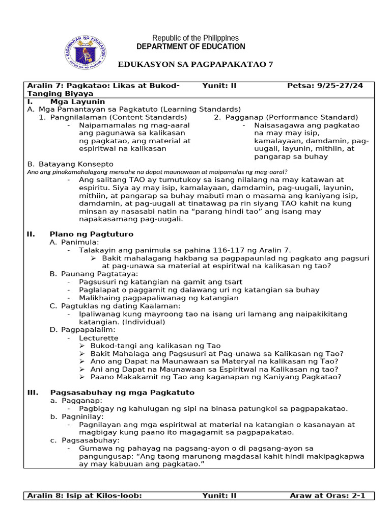 Lesson Plan Esp 7 2ND Quarter | PDF