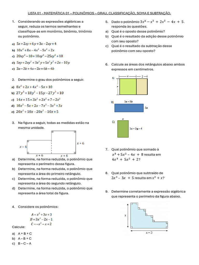 Lista 01 - Matemática 01 - Polinômios - Grau, Classificação, Soma e ...