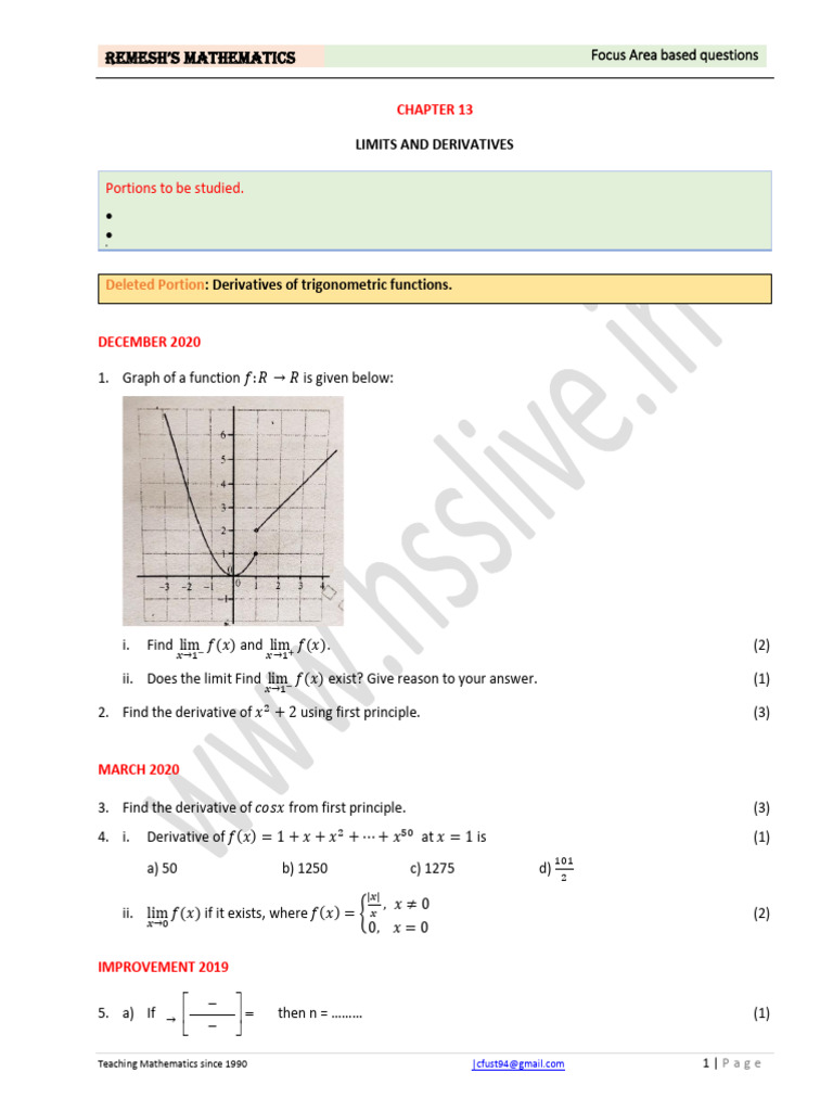 Hsslive-xi-maths-focus-qb-Chapter 13 Limits and Derivatives | PDF