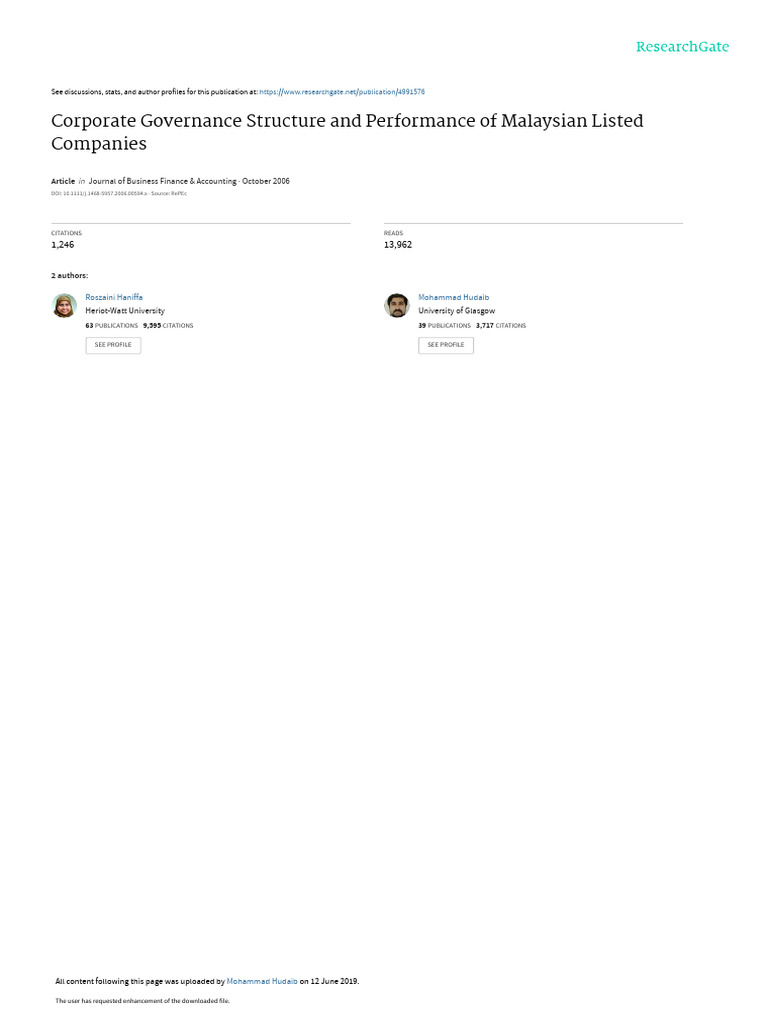 Haniffa R And Hudaib M 2006 Corporate Governance Structure And Performance Of Malaysian