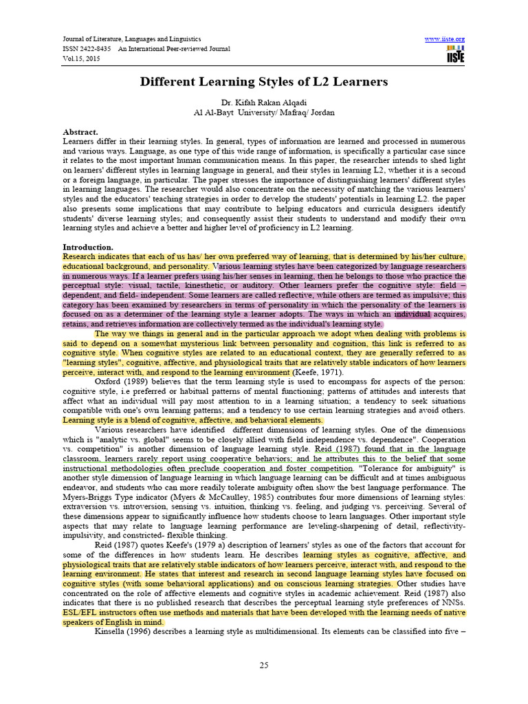 Rakan Alqadi, K. (2015) Different Learning Styles of L2 Learners. Journal of Literature ...