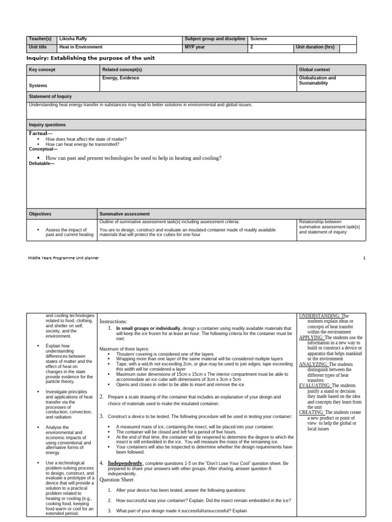 MYP Unit Planner Unit 3 Grade 7 | PDF