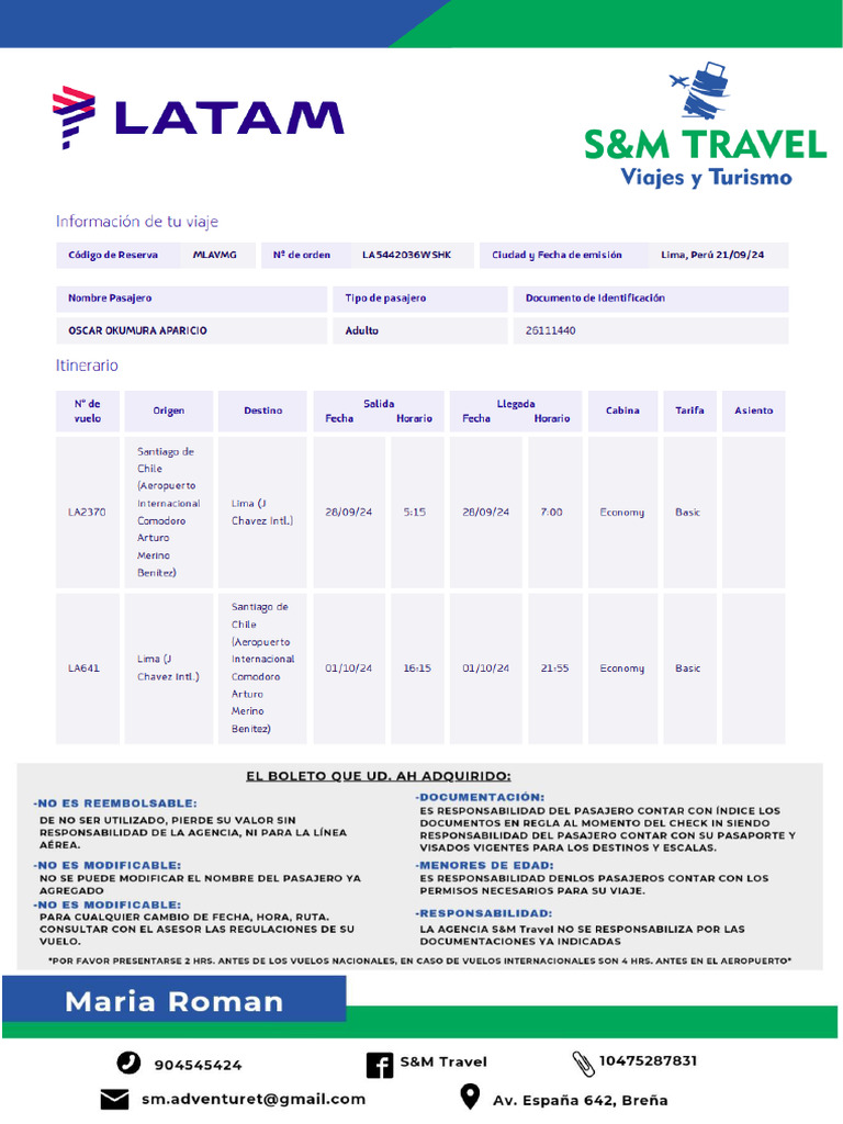 Ticket Aereo Oscar Okumura (SCL - Lim - SCL) | PDF