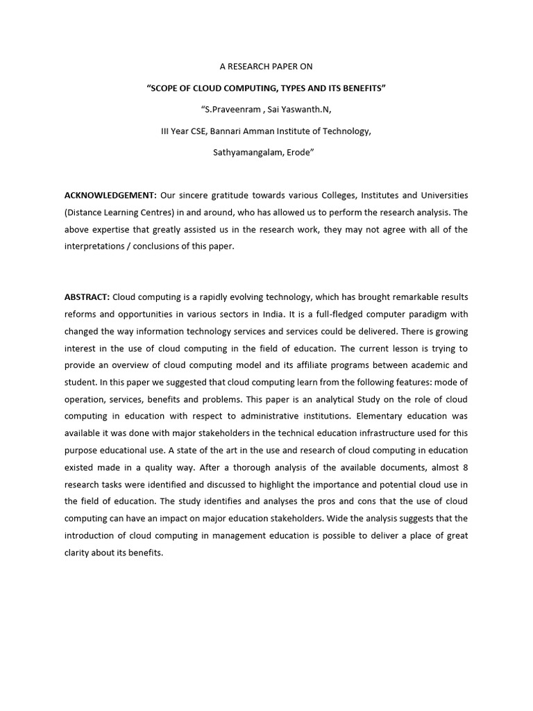 SCOPE OF CLOUD COMPUTING, TYPES AND ITS BENEFITS (Abstract) | PDF