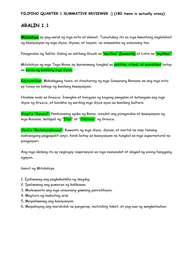 Filipino Reviewer Aralin 1.1 1.7 | PDF