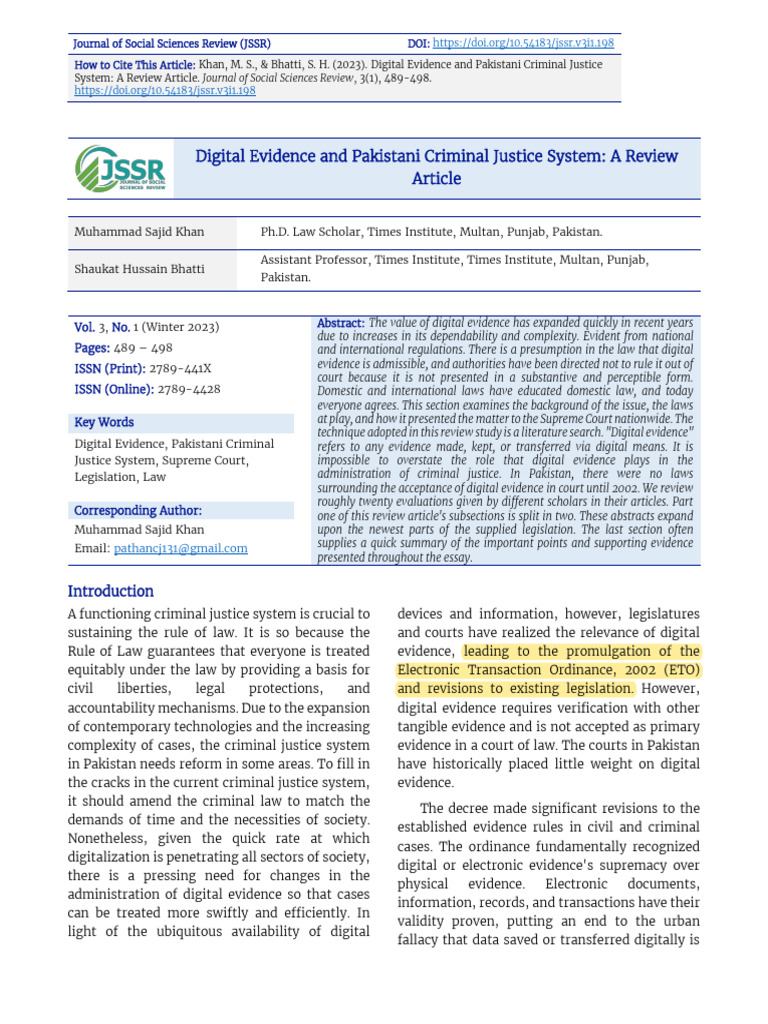 44 Digital Evidence and Pakistani Criminal Justice Muhammad Sajid Khan1 | PDF