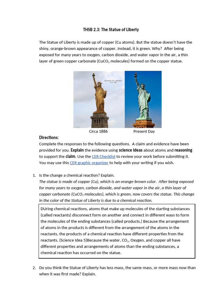 THSB 2.3 - Statue of Liberty - Sci Ideas and Reasoning | PDF | Chemical ...