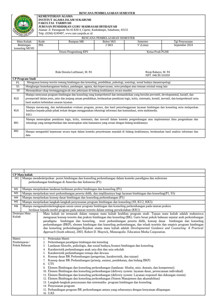 RPS Bimbingan Konseling Mi | PDF