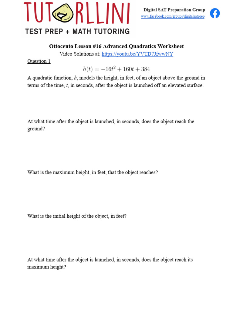 Ottocento Lesson #16 Advanced Quadratics Worksheet | PDF | Theoretical ...