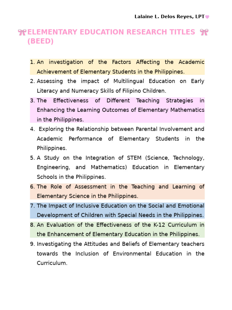 Elementary Education Research Titles | PDF