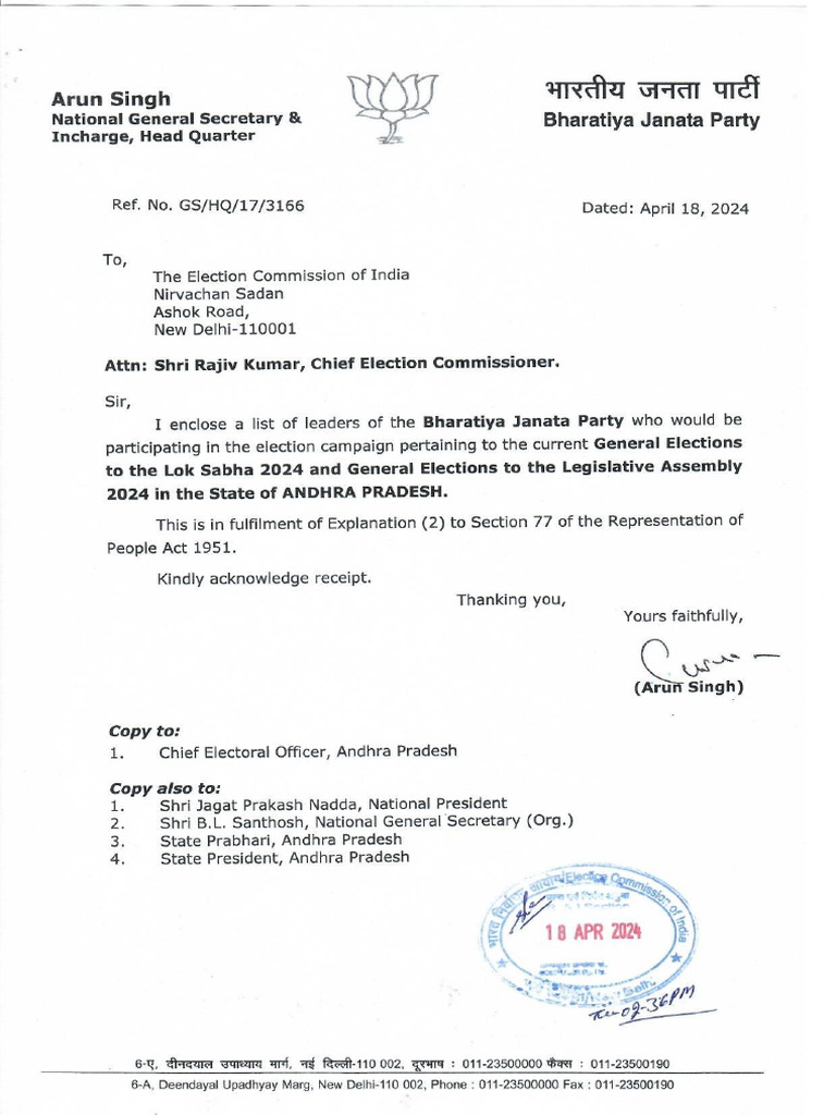 Received Copy of Star Campaigner List For ANDHRA PRADESH Schedule | PDF