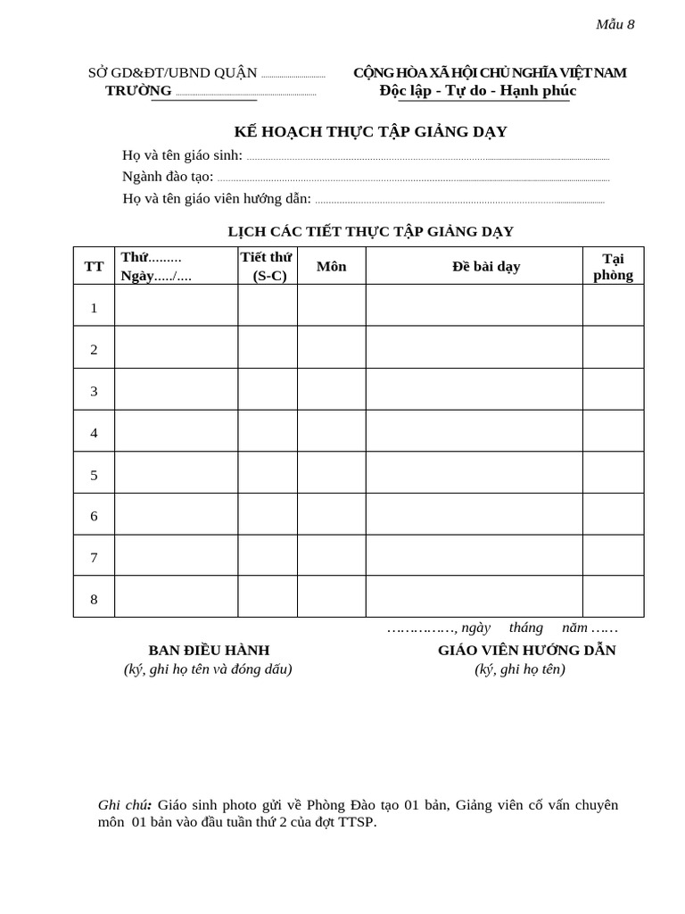 Mau 8-KeHoach-ThucTap-GiangDay | PDF