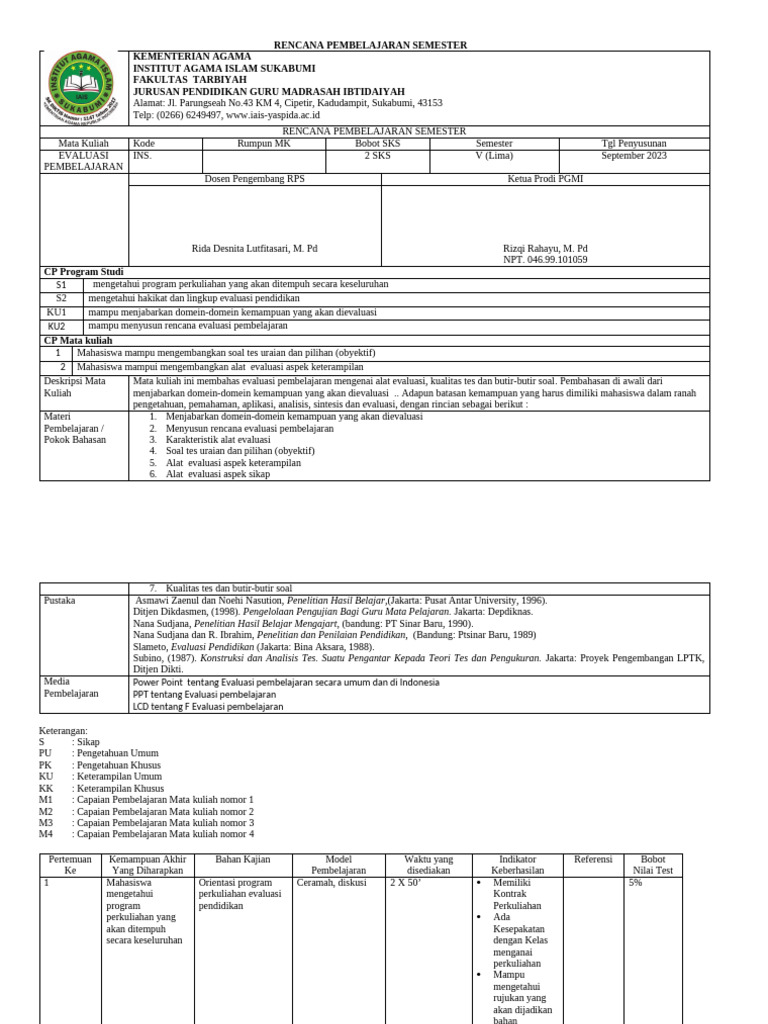 RPS Evaluasi Pembelajaran | PDF