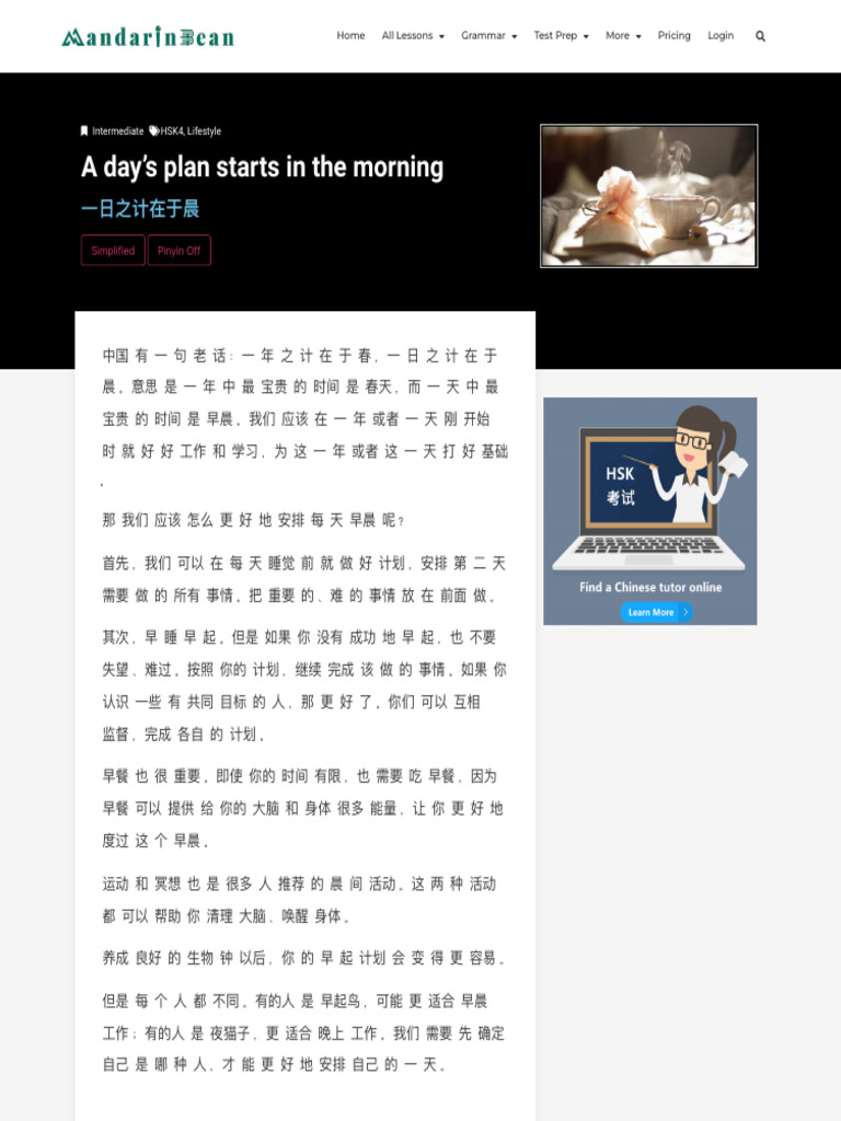 A Day's Plan Starts in The Morning - Mandarin Bean | PDF