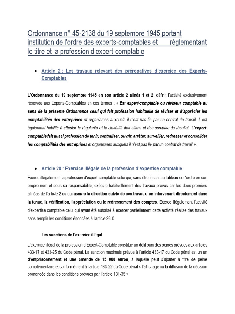 Article 2 Et 20 de L'ordonnance 1945 de L'exercice de La Profession Comptable | PDF