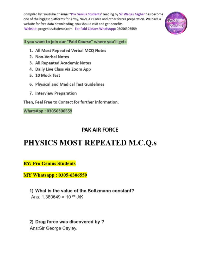 PAF Physics Inter Base (GDP, CAE, AE, AD, LOG) MCQS | PDF