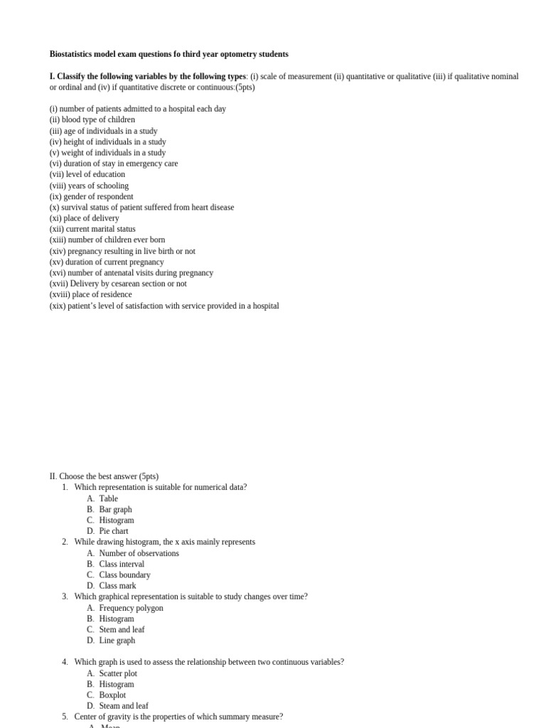 Biostatistics Model Exam Questions Fo Third Year Optometry Students | PDF