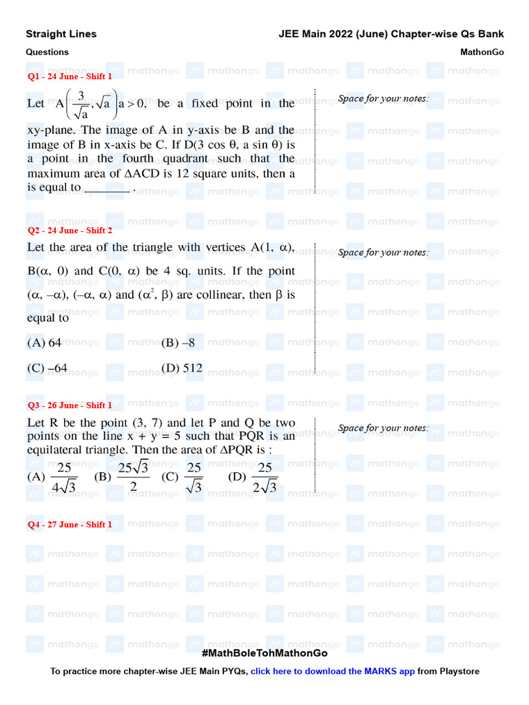 Straight Lines - JEE Main 2022 Chapter Wise Questions by MathonGo | PDF